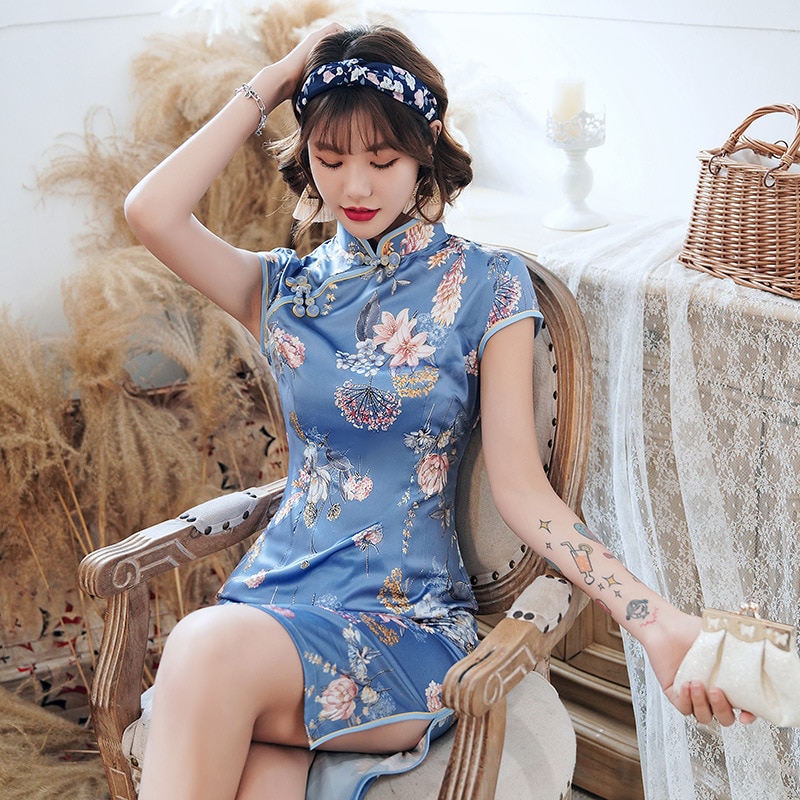 Sheng Coco Sky Blue Chinese Vrouwen Mini Cheongsam... – Grandado