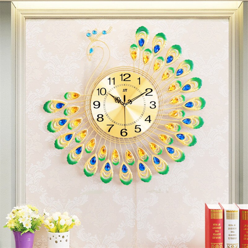 Grote 3D Gold Diamond Pauw Wandklok Metalen Horlog... – Grandado