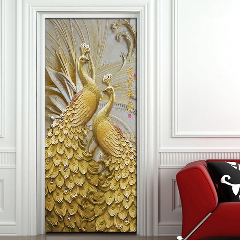 Door Sticker Modern Embossed Golden Peacock Wallpa... – Grandado