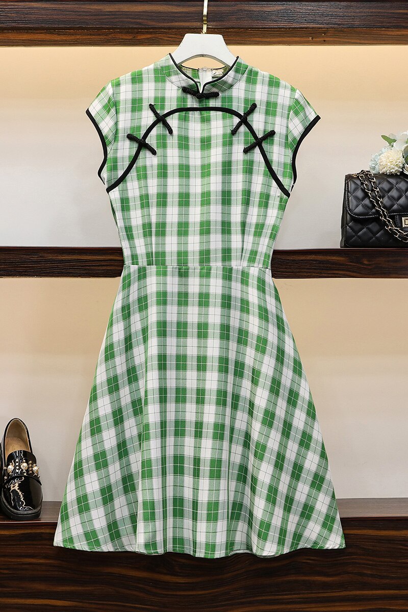 INS M-4XL Plus Size Vintage Green Plaid Chinese Qi... – Vicedeal
