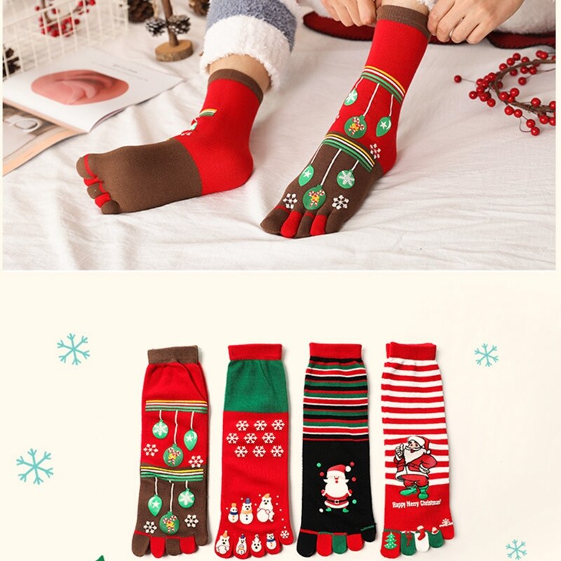 4 Pairs Christmas Five Toes Crew Socks Cartoon Sno... – Grandado