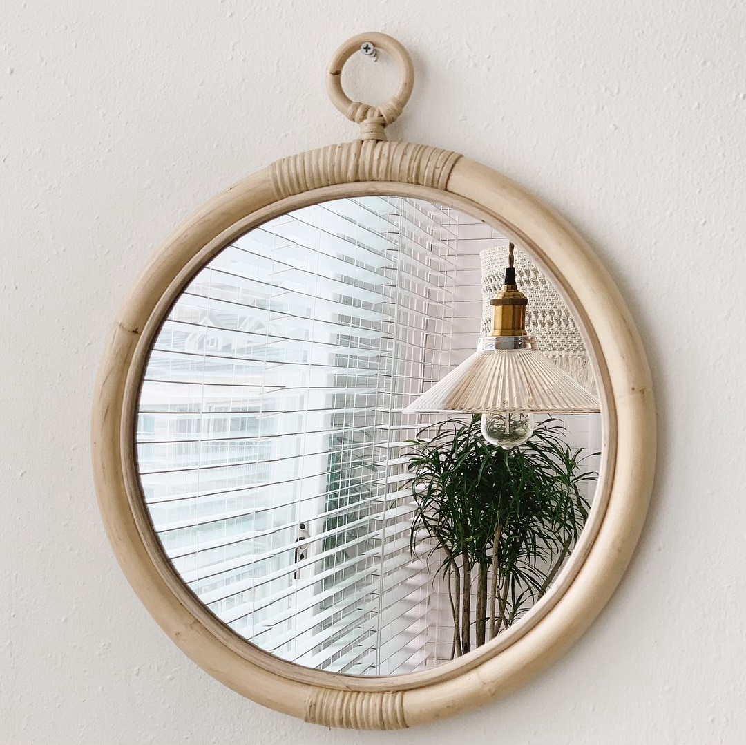 Round retro rattan mirror bamboo hanging mirror po... – Grandado