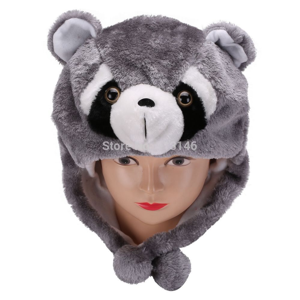 Cute Cartoon Plush Animal Racoon Beanie Hood Hat W... – Grandado