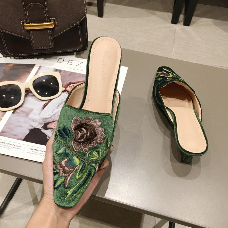 Green Velvet High Heels Slippers Women Floral Embr... – Grandado