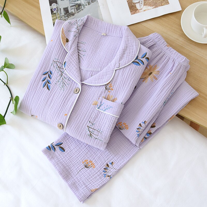 Women Cotton Gauze Pajamas Long Sleeve Spring Paja... – Grandado