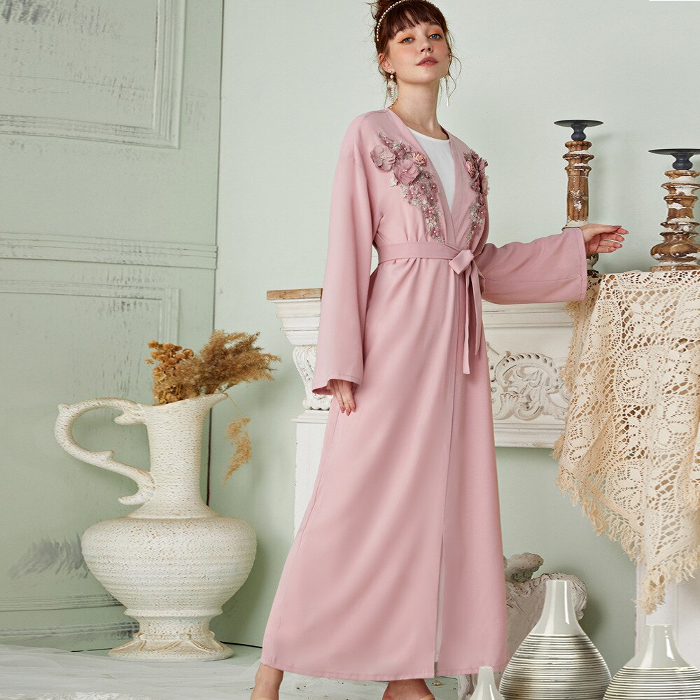 Women Muslim Diamonds Detailed 3D Flower Open Abay... – Vicedeal