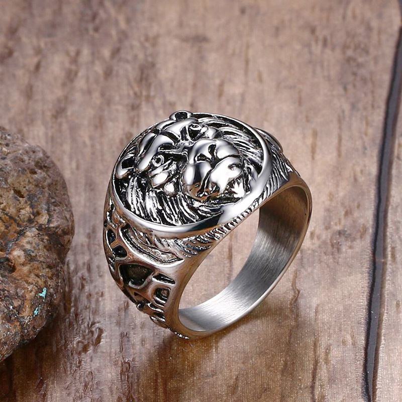 Mens Vintage Rings Stainless Steel Lion Head Rings... – Grandado