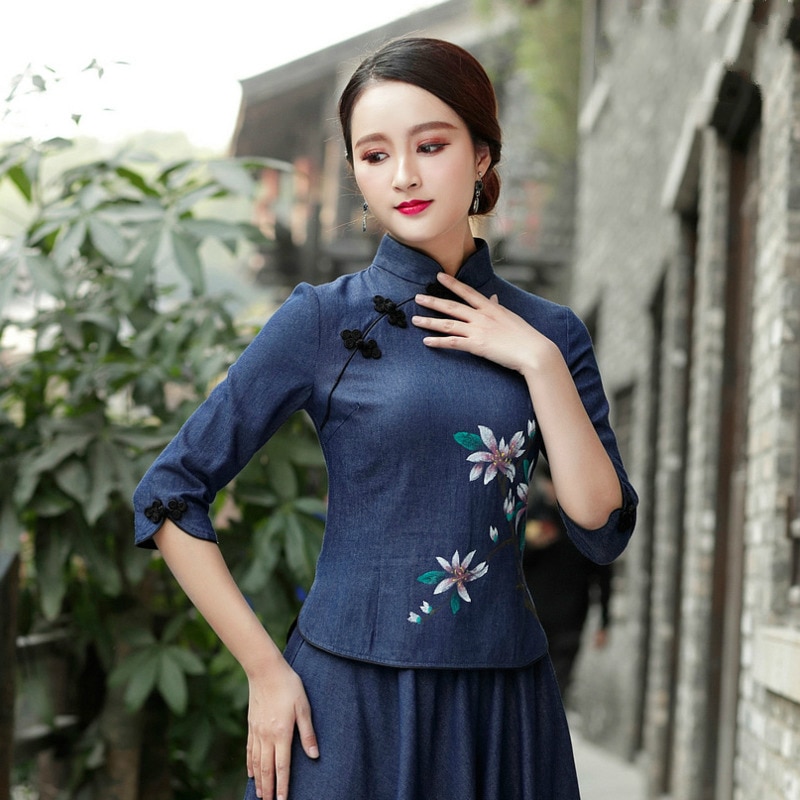 Sheng Coco Chinese Style Denim Tops Hand Painted F... – Vicedeal