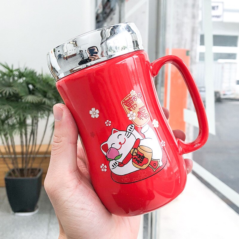 450ml Festive Lucky Cat Mirror Ceramic Mug Leak-pr... – Grandado