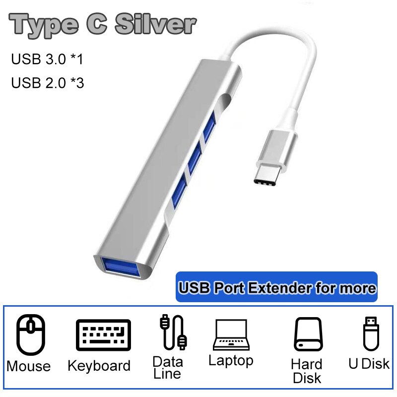 USB C Extensor Silver USB Hub 4 Ports Type C To US... – Vicedeal