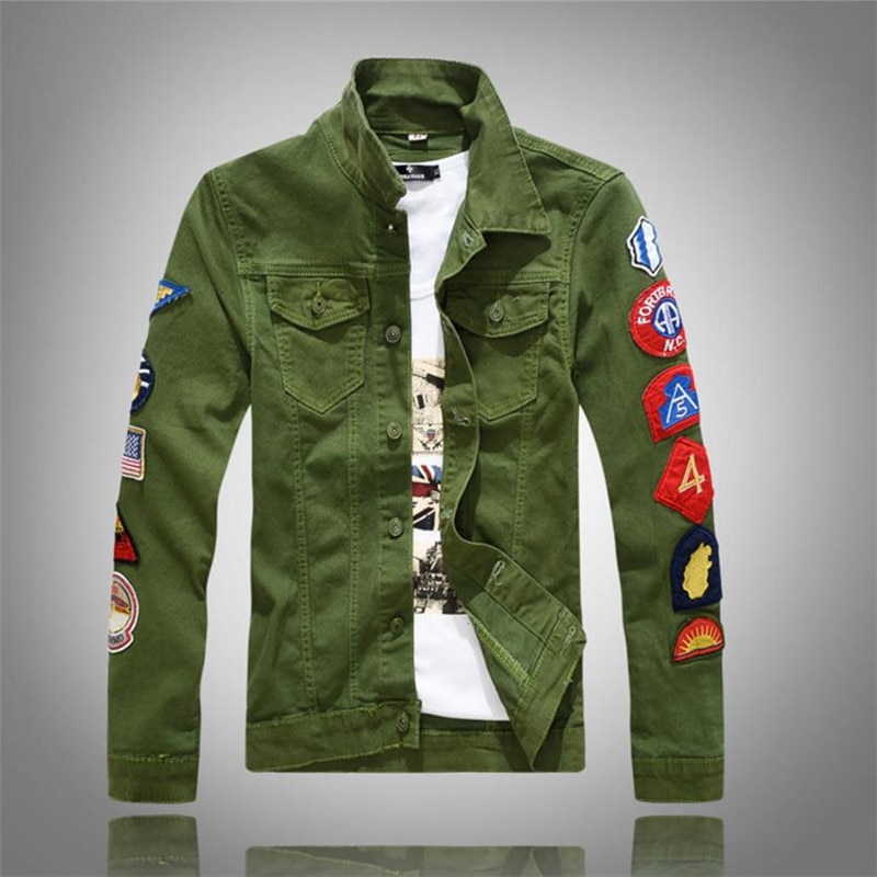Men's Jacket Slim Fit Denim Jacket Men's Green Whi... – Grandado