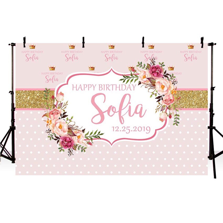 Photography Backdrop Pink Flower Gold Glitter Polk... – Grandado