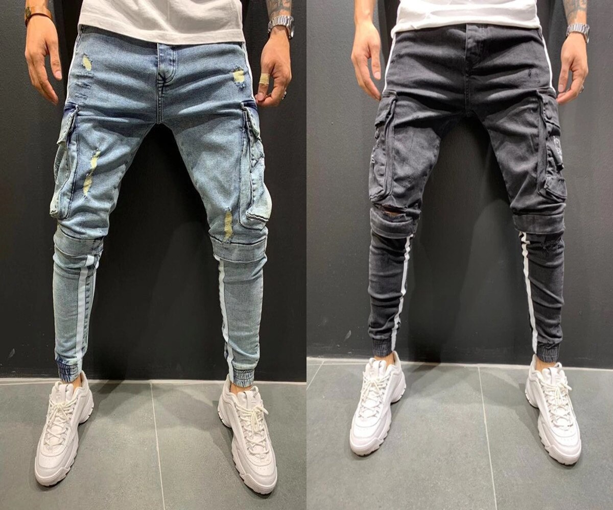 Men Multi-Pocket Side Zipper Stripe Tooling Jeans ... – Grandado