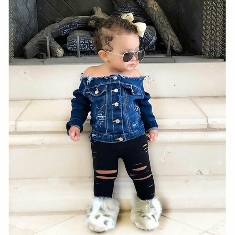 US Cute Newborns Baby Girls Denim Jacket Off Shoul... – Grandado