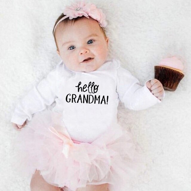 HELLO GRANDMA Print White Baby Rompers Cotton Girl... – Grandado