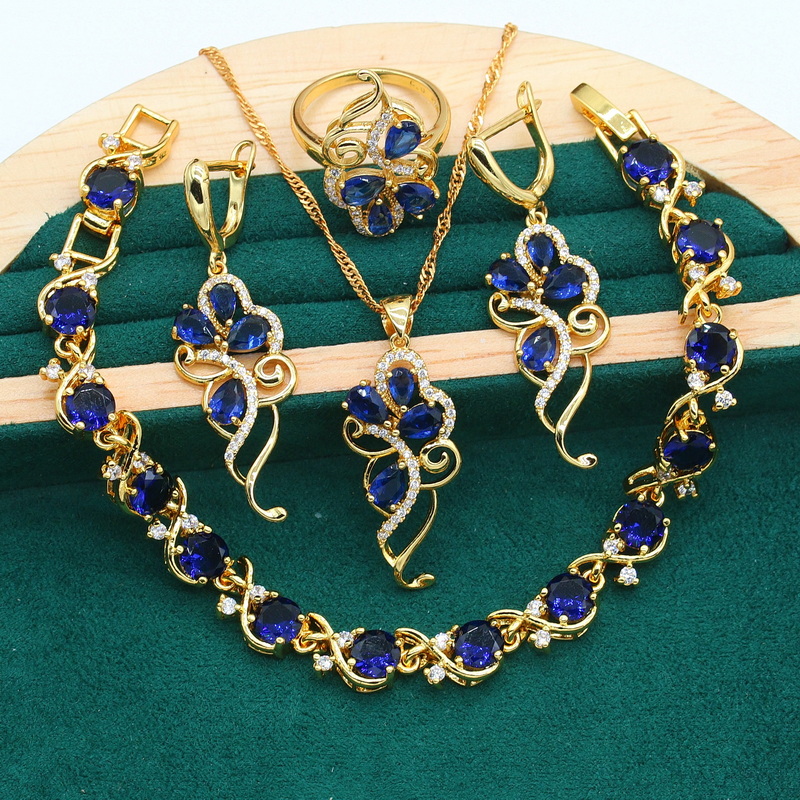 Distinctive Royal Blue Zircon Gold Color Jewelry S... – Grandado