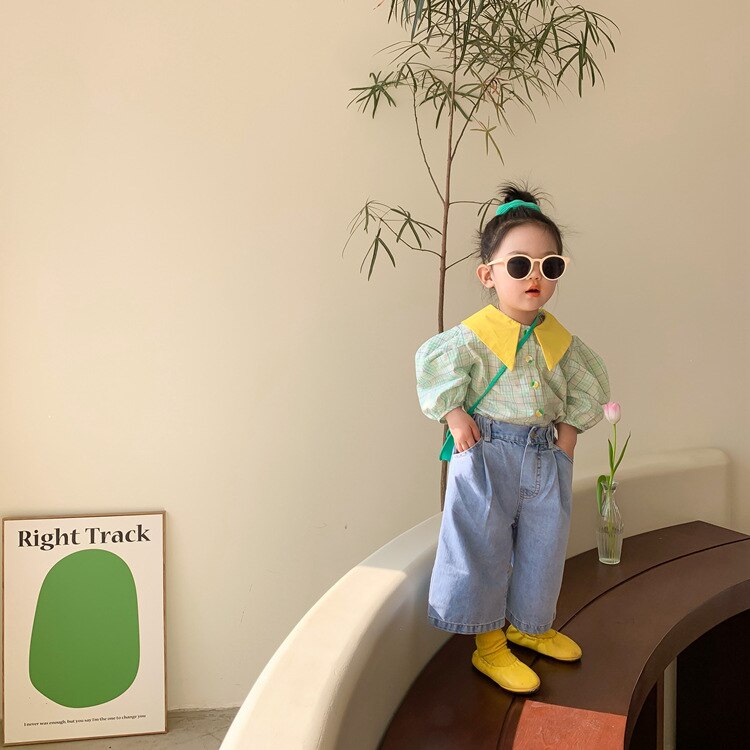 2009B INS Korean Girls Puff Sleeve Shirt Checked B... – Vicedeal