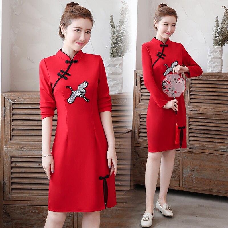 Plus Size M-4XL Red Embroidery Modern Cheongsam Dr... – Grandado
