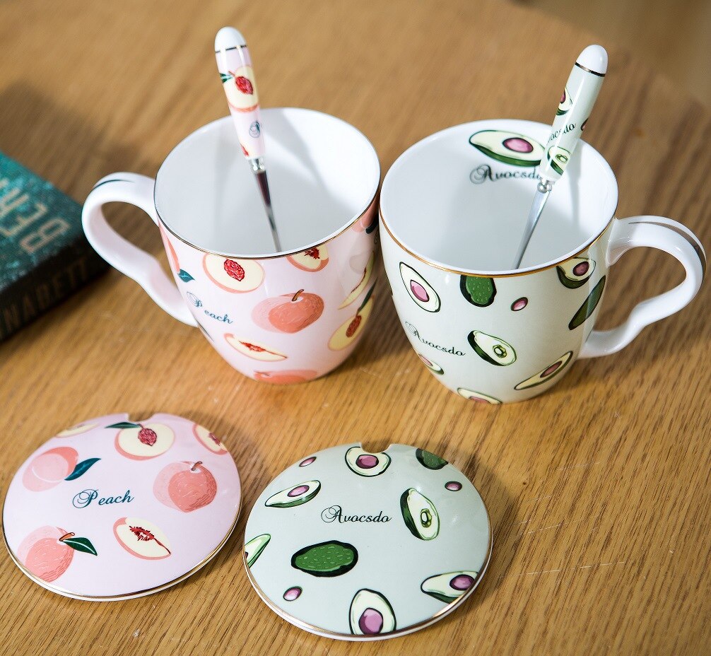 Ceramic Couples Cup with cover spoon cute coffee c... – Grandado