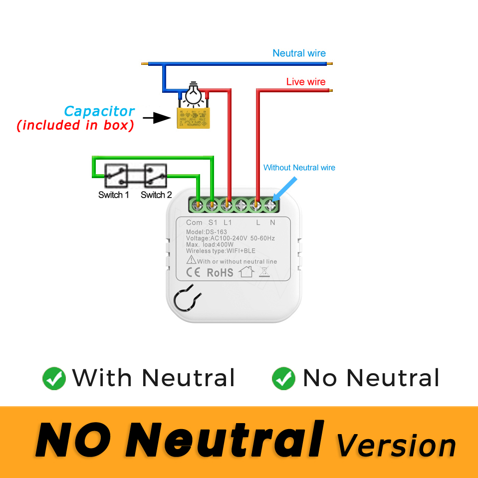 No Neutral Tuya WiFi Switch Module 2 Way Control S... – Grandado