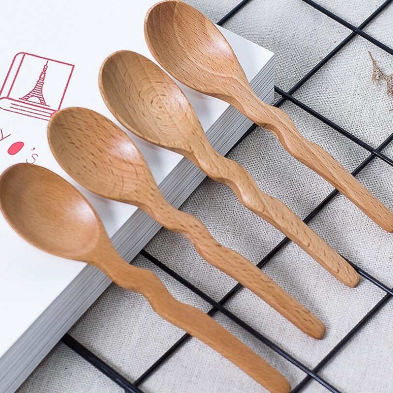 Wave shape beech wood 13 cm small wooden spoon – Grandado