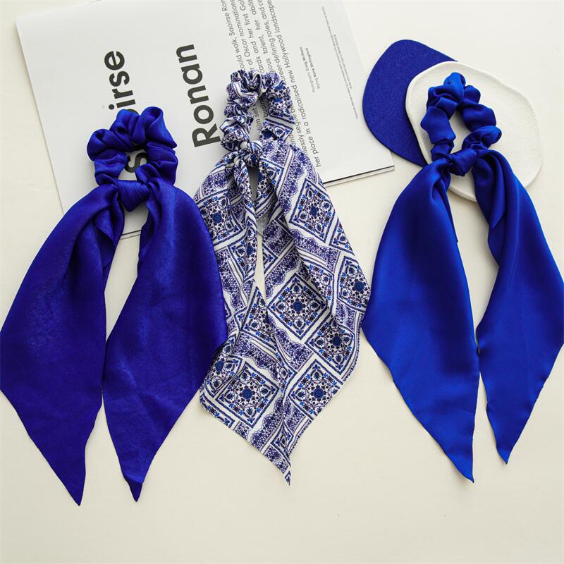 Bohemian Blue Printed Satin Elastic Long Ribbon Ha... – Vicedeal