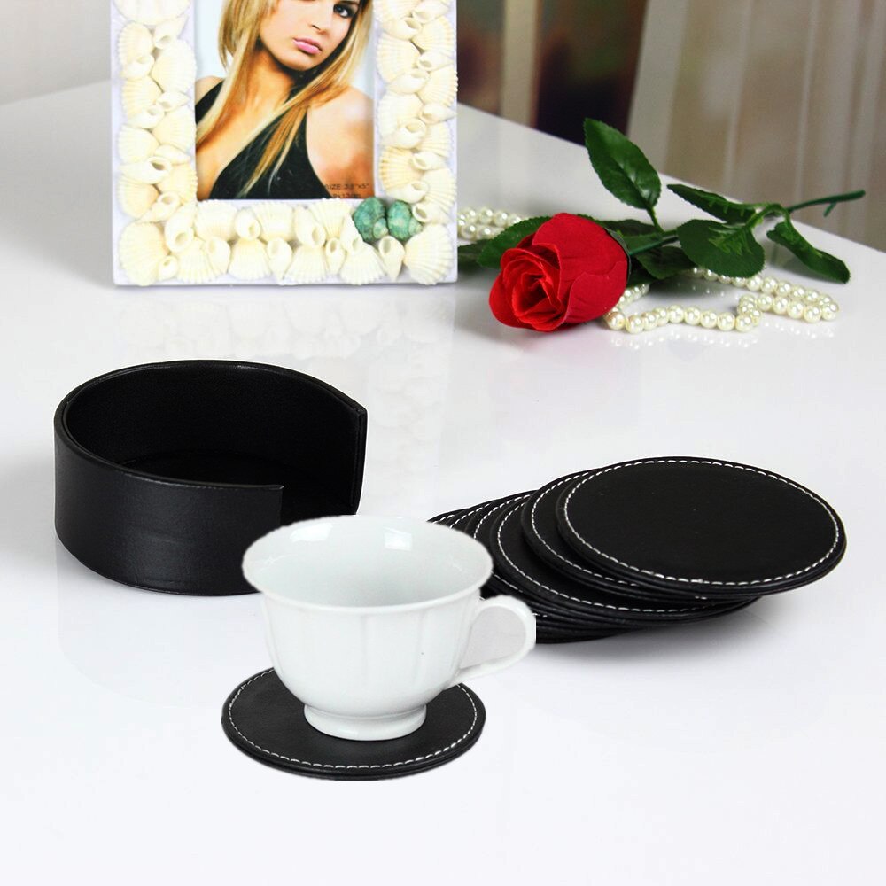 6pcs Leather Office Desk Round Coasters Set with H... – Grandado