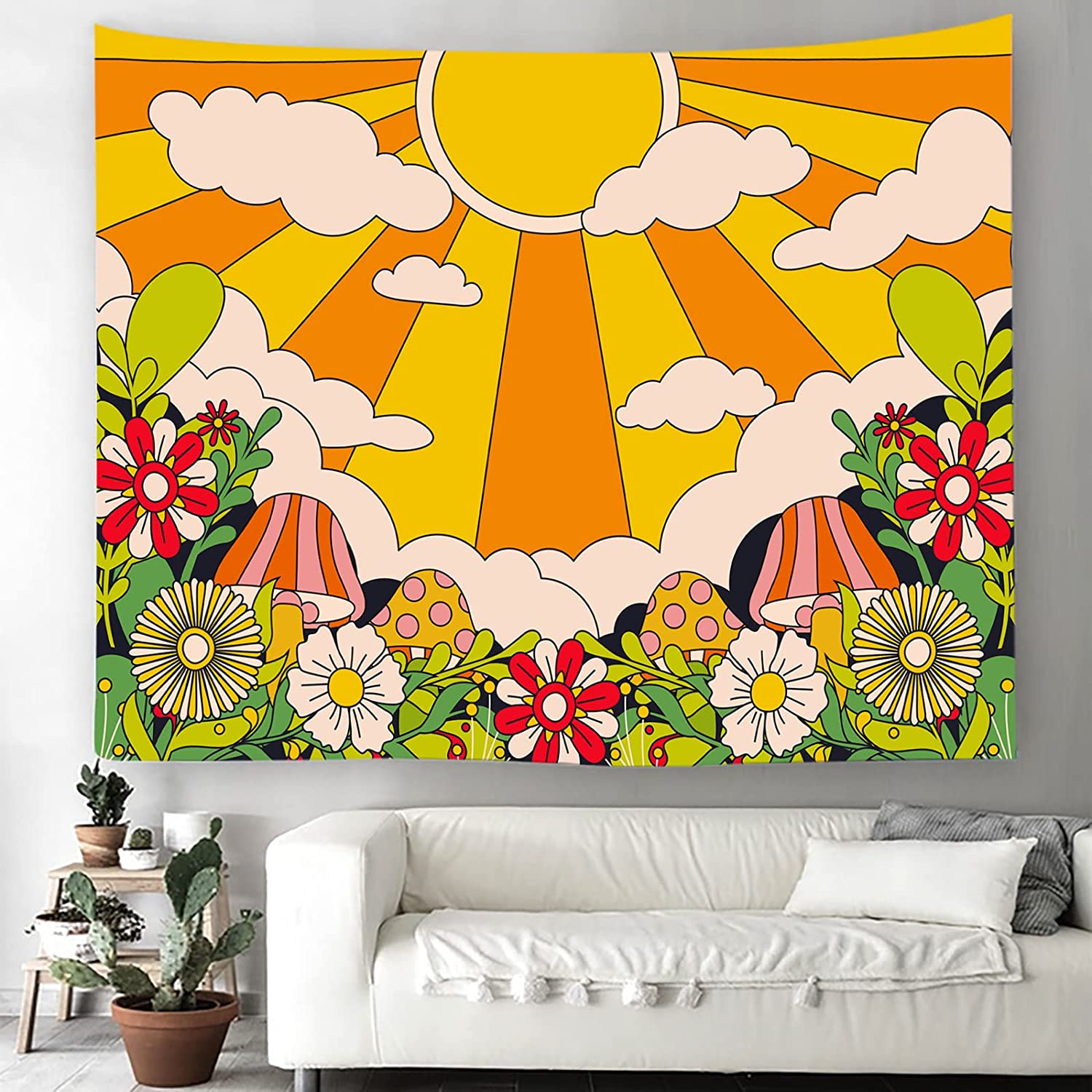 Boho sun and mushroom floral abstract art hippie b... – Grandado