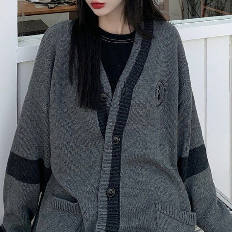 Deeptown Korean Style Grey Solid Cardigan Sweater ... – Grandado