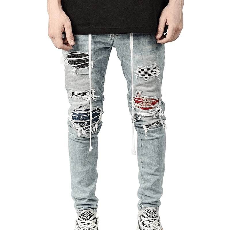Men Skinny Jeans Ripped Grid Patchwork Stretch Sli... – Vicedeal