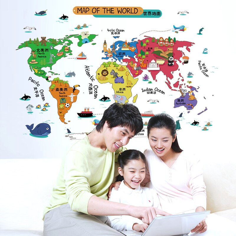 92*60cm Cartoon World Map Wall Stickers Colorful M... – Grandado