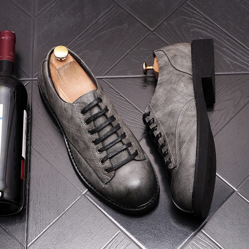 Mens Grey Oxford Shoes Leisure Round Toe Leather L... – Grandado