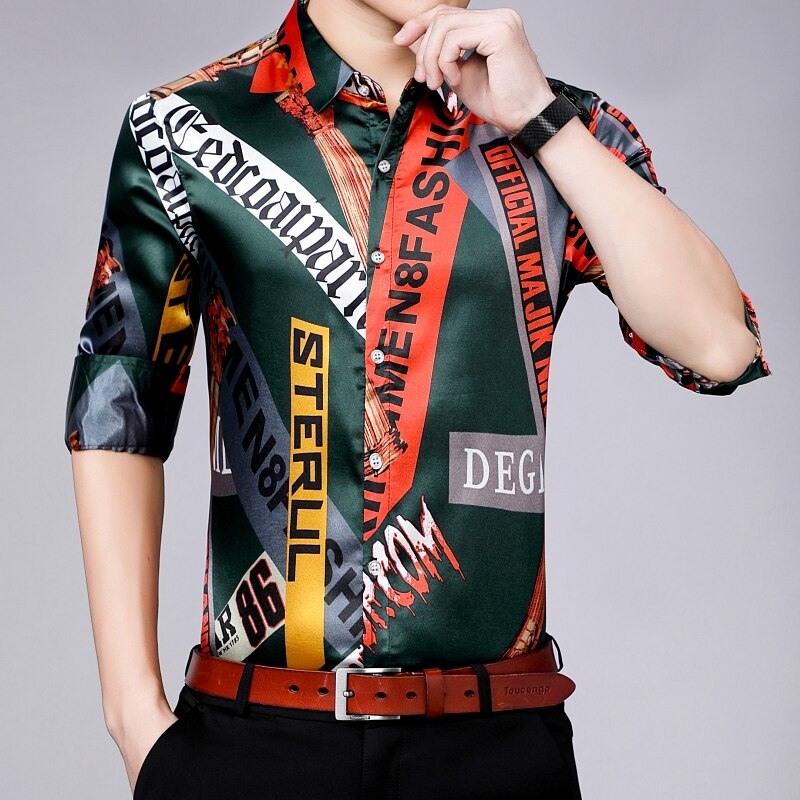 Man Patchwork Colors Silk Clothes Male Autumn Prin... – Grandado