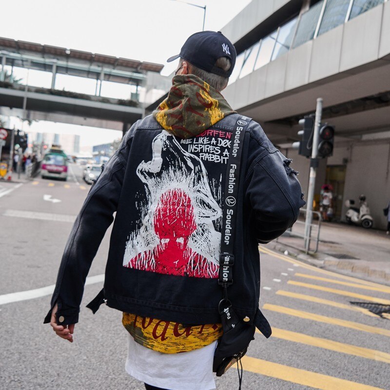 Wolf Printed Denim Jackets Men's Letters Embroider... – Grandado