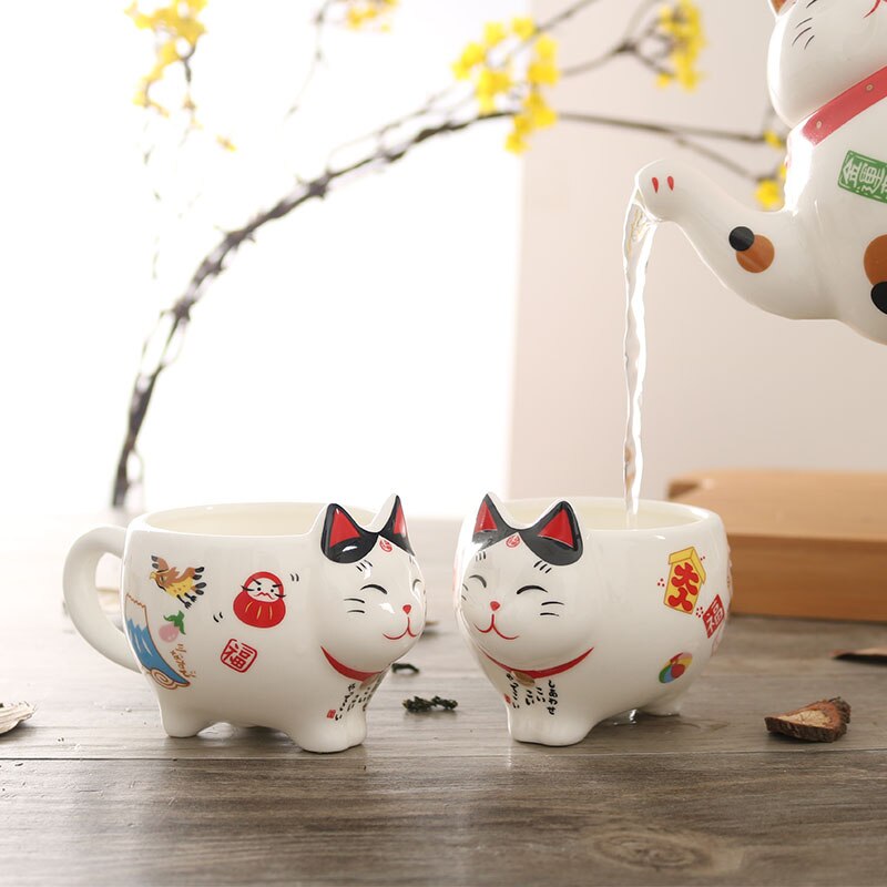 Cute Japanese Lucky Cat Porcelain Tea Set Red tea ... – Grandado