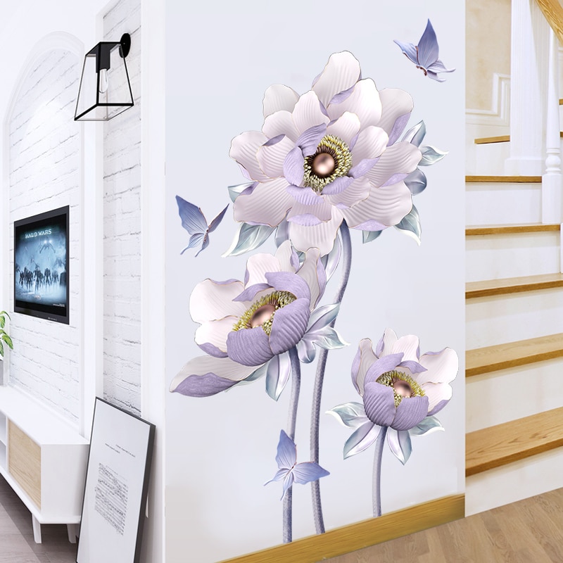 3D Lotus Flying Butterfly Purple Flower Wall Stick... – Grandado
