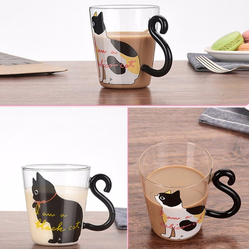 250ml Cute Kitty Glass Water Cup Cat Tail Handle M... – Vicedeal