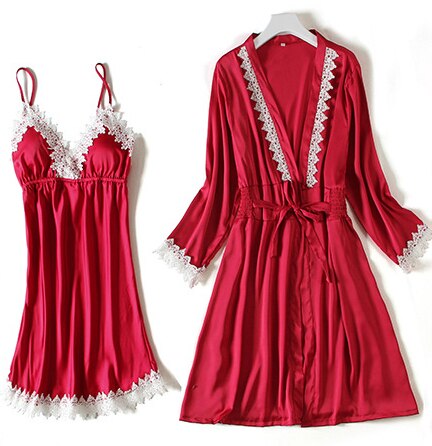 Gray 2PCS Pajamas Set Womens V-Neck Nightgown Lace... – Grandado