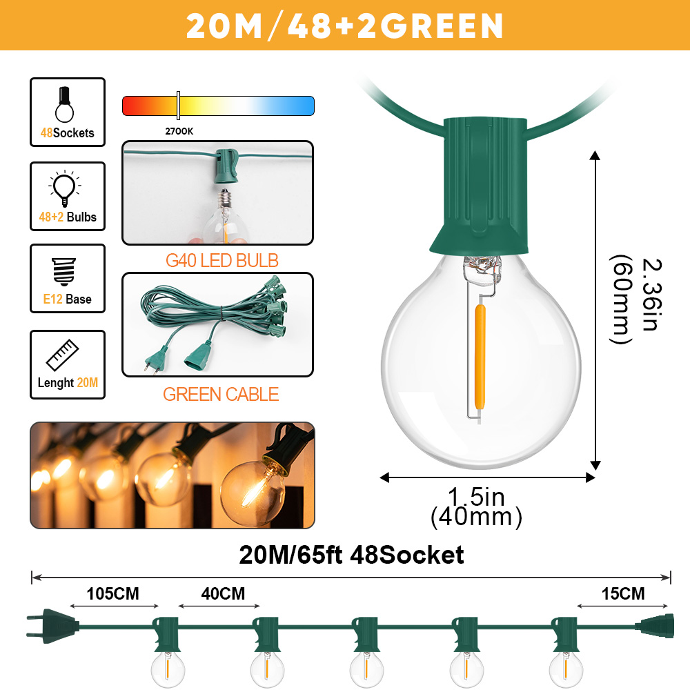 G40 LED String Lights Garland Patio Party Lights W... – Grandado