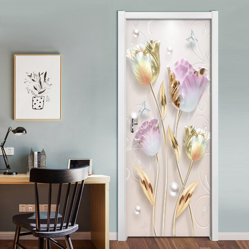 Modern Embossed Tulip Flowers Door Stickers Mural ... – Vicedeal