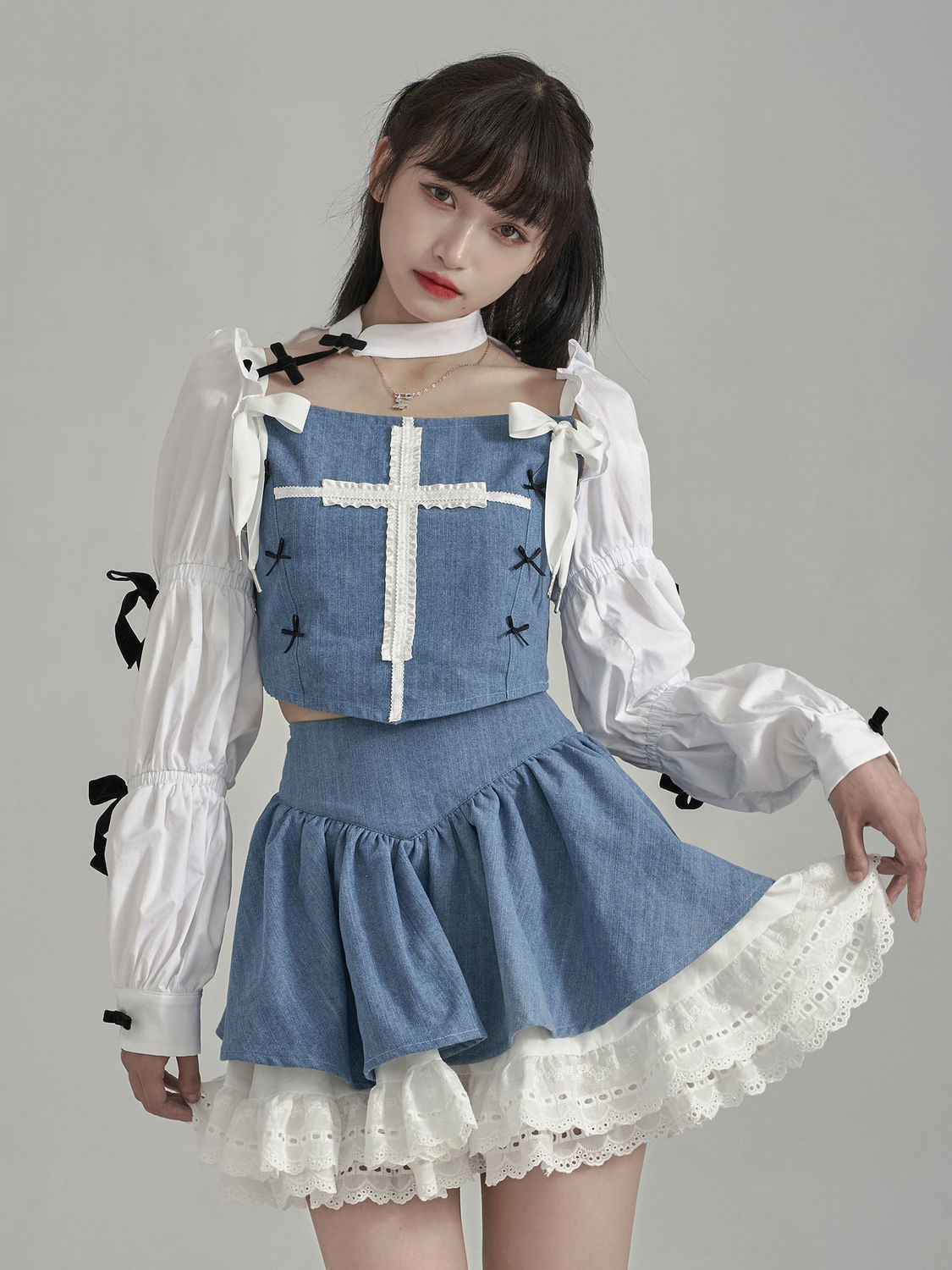 Mori E Girl Bow Puff Sleeve Set Women Korean Kawai... – Vicedeal