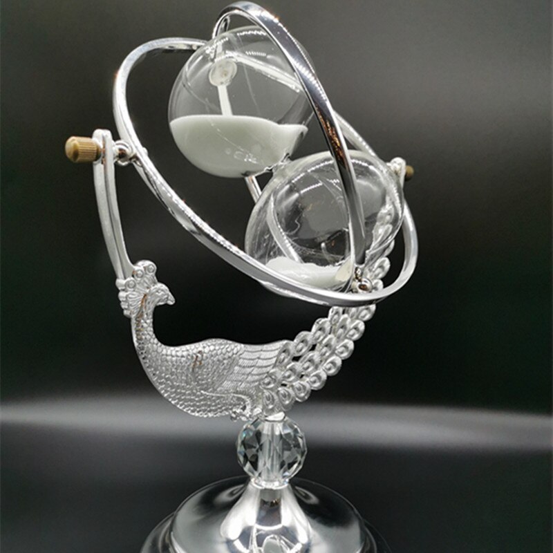 White Sand Clock Metal Peacock Globe Rotating Hour... – Vicedeal