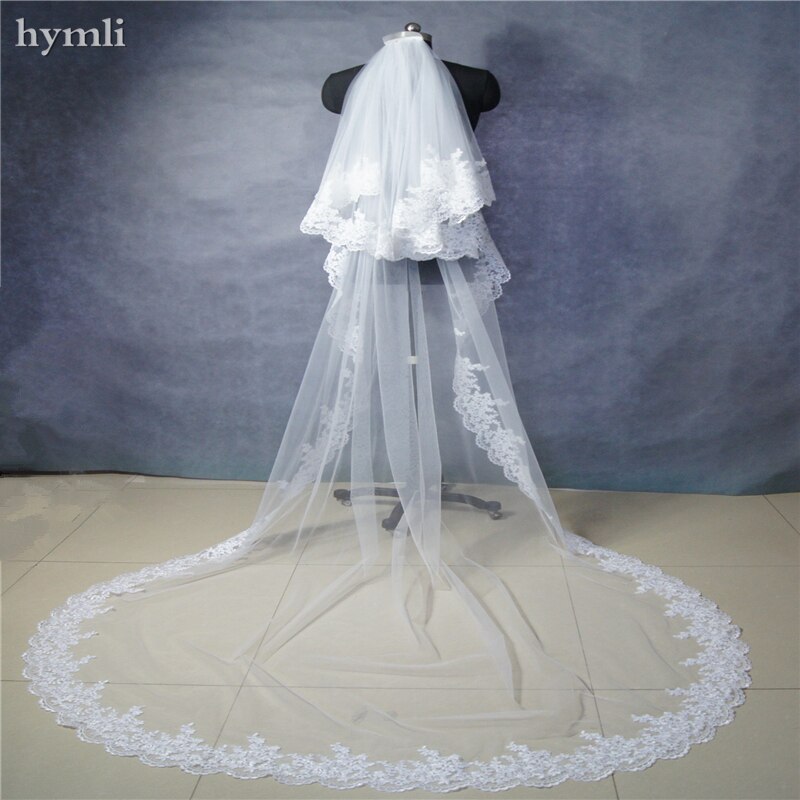 2 layer lace wedding veil long cathedral length br... – Grandado