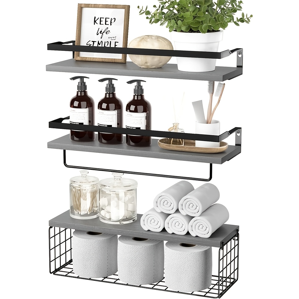 Floating Shelves with Wire Storage Basket Bathroom... – Grandado