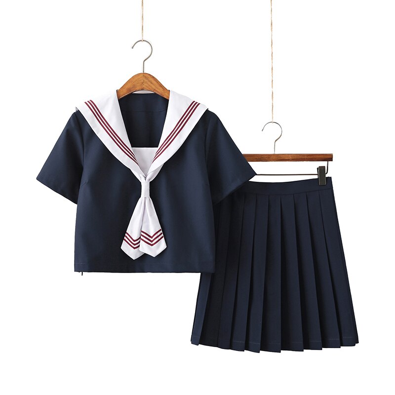 Three Red Lines White Collar Summer Navy Sailor Su... – Grandado