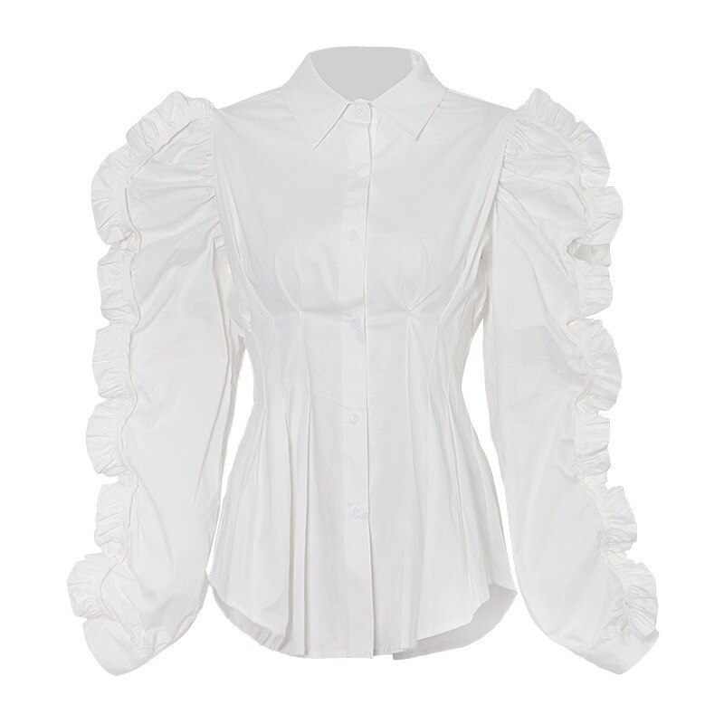 VGH White Ruched Shirt For Women Lapel Long Sleeve... – Grandado