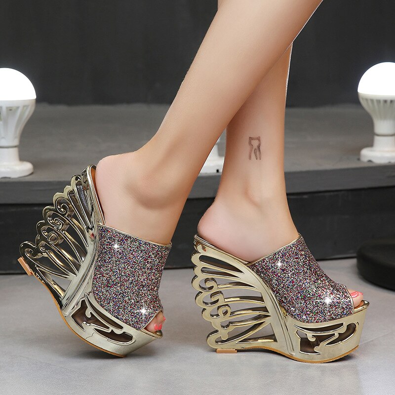 Sexy High Heel Slope Wedge Heel Sequin Gold and Si... – Vicedeal