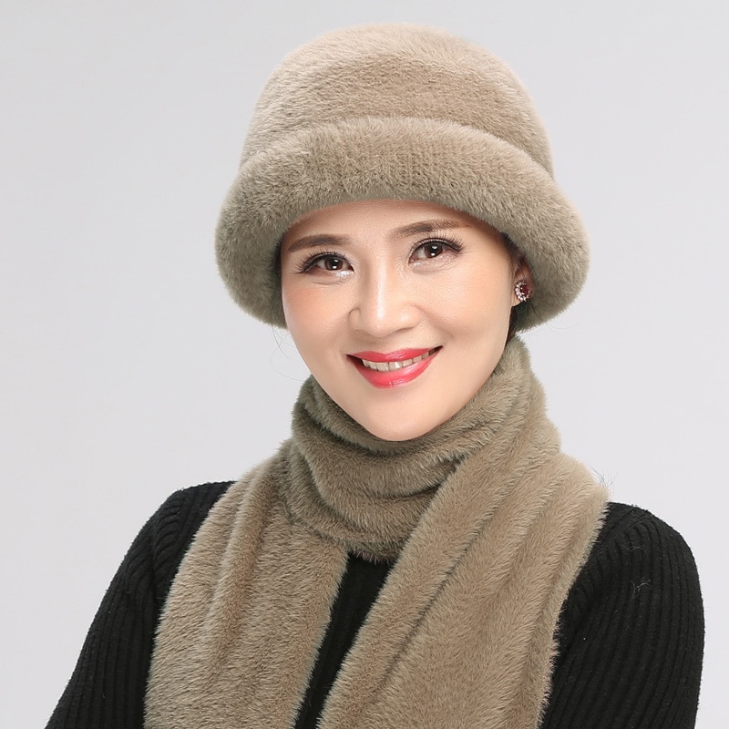 Women Middle Age Hat Winter Lady Pure Color Scarf ... – Grandado