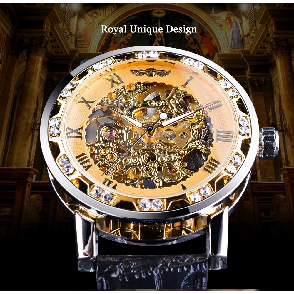 Winner Golden Skeleton Clock Diamond Silver Case L... – Grandado