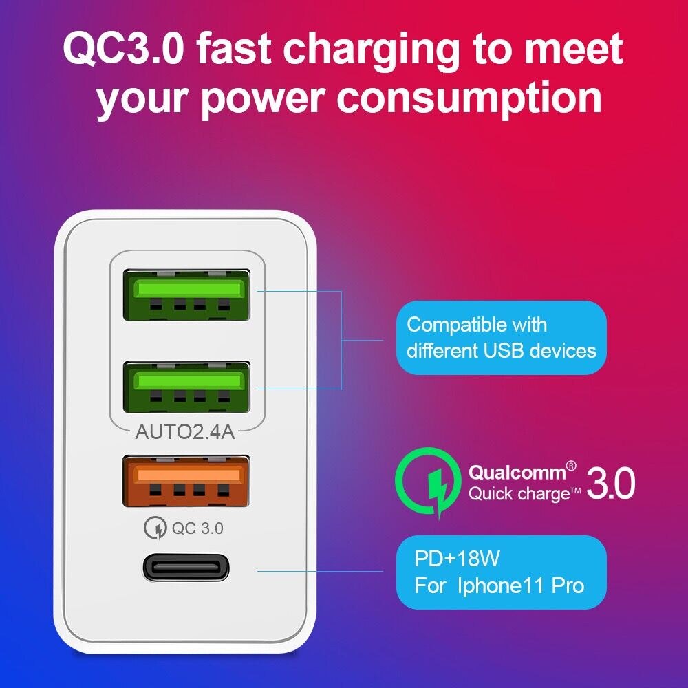 3 USB Plus 1 PD mobile phone charger QC 3.0 Suppor... – Grandado